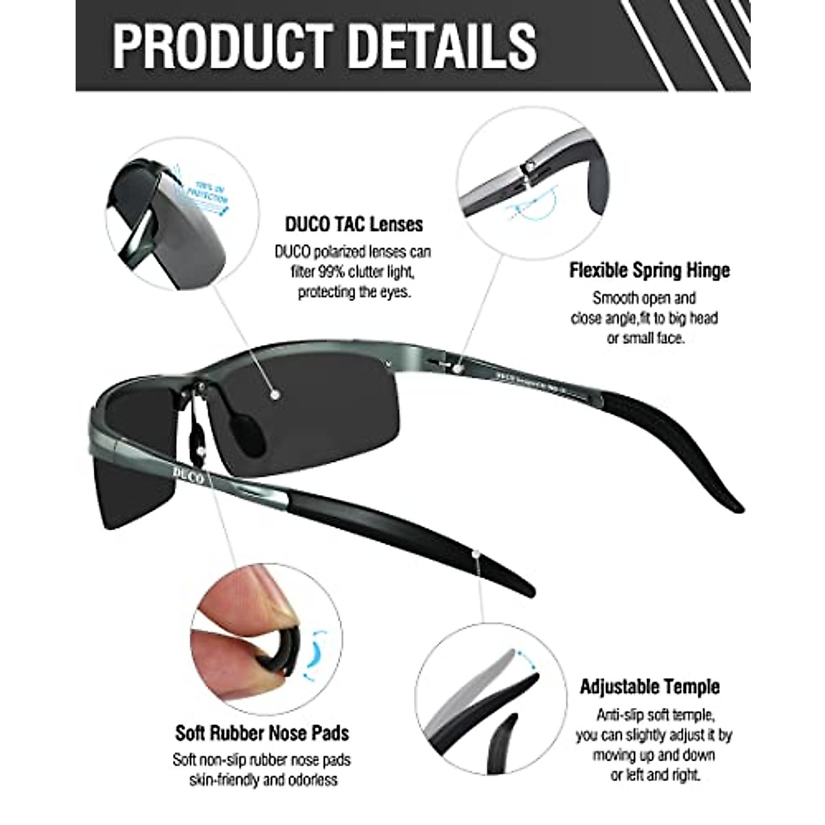 DUCO Mens Sports Polarized Sunglasses UV Protection Sunglasses for Men 8177s(Gunmetal Frame Gray Lens