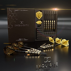 CC-Exquisite Premium Steel Tip Darts Set - Professional Darts, Brass Barrels, Metal Tip Darts, Extra Flights, (12) Aluminum Shafts 35/48, O-Rings, Dart Tool, Dart Sharpener, Darts Case