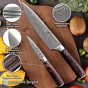 Gourmet Forged ChefDuo Professional 8 inch Chef Knife and 3.5 inch Paring Knife 2 Piece Set Ultra Sharp High Carbon German Steel with Damascus Pattern Ergonomic Pakkawood Handles Gift Box