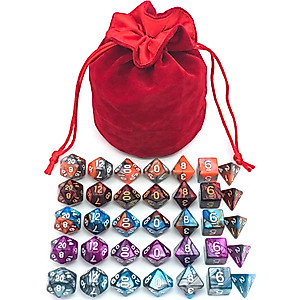5 Assorted Colors Polyhedral Dice Set for Dungeons and Dragons DND Pathfinder RPG Role Playing Games with Red Drawstring Dice Bag (Total 5 Sets)