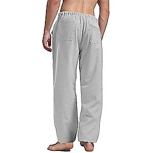 perdontoo Mens Casual Cotton Linen Pants Elastic Waist Drawstring Straight Summer Beach Pants (X-Large, Grey)