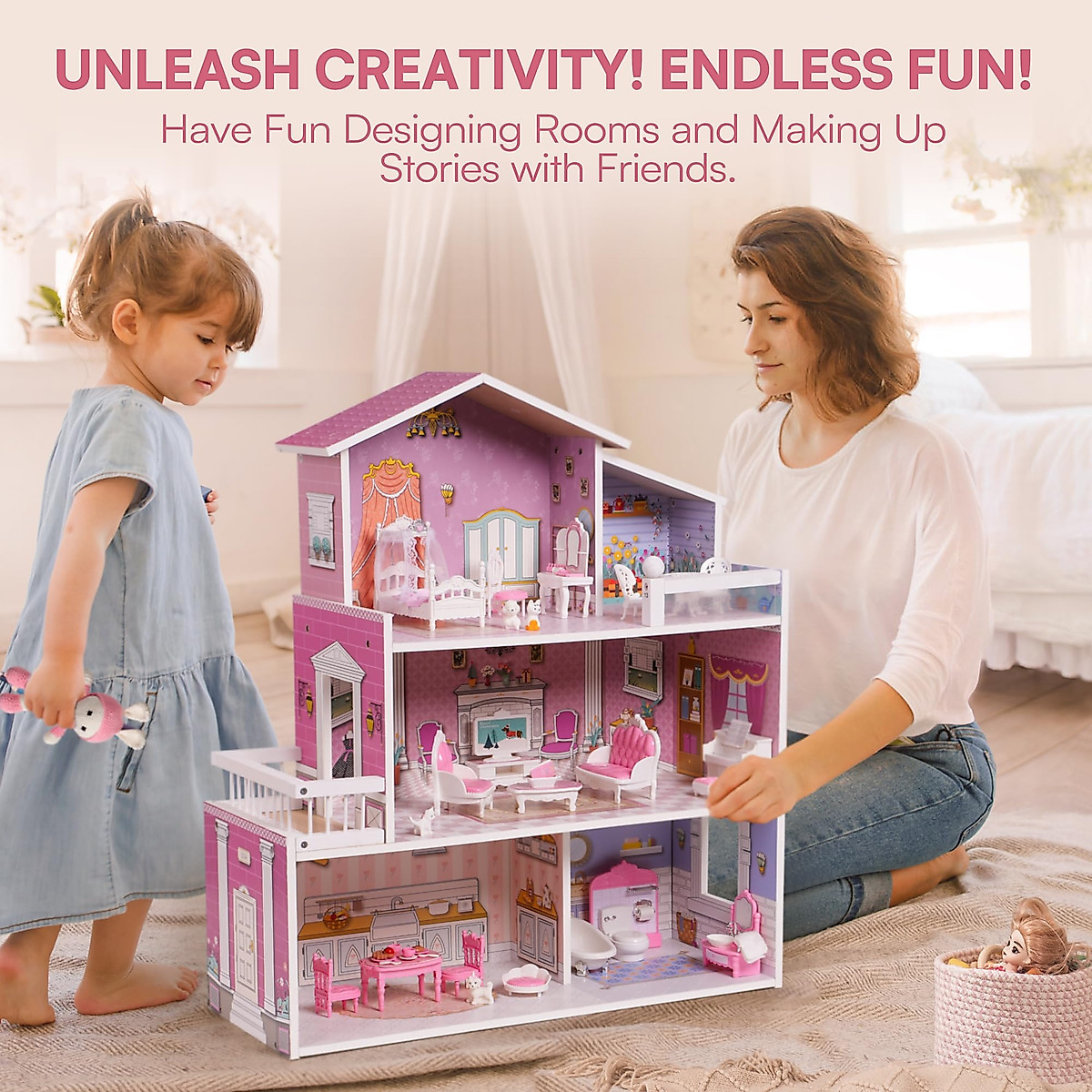 ROBUD Wooden Dollhouse Playset, 3 Stories, 5 Rooms, 24 PCS Furniture, Pretend Play Toys Gift for Kids Toddlers Girls