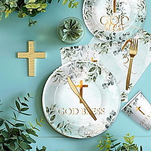 Suhelkit First Communion Decorations Tableware Boy - God Bless Baptism Plate, Cup, Napkin, Tablecloth, Cutlery, Mi Bautizo Eucalyptus Leaves Sage For Christening Baby Shower Religious Party | Serve 24