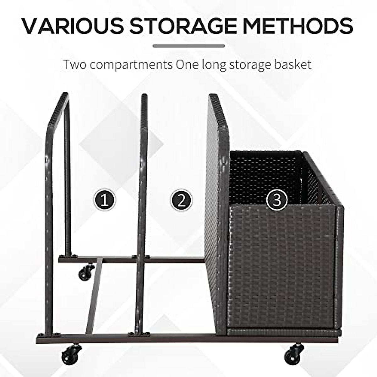 Outsunny Wicker Patio Poolside Float Storage Basket, PE Rattan Outdoor Pool Caddy with Rolling Wheels for Floaties, Noodles, Life Vests, Beach Balls, Toys, Brown