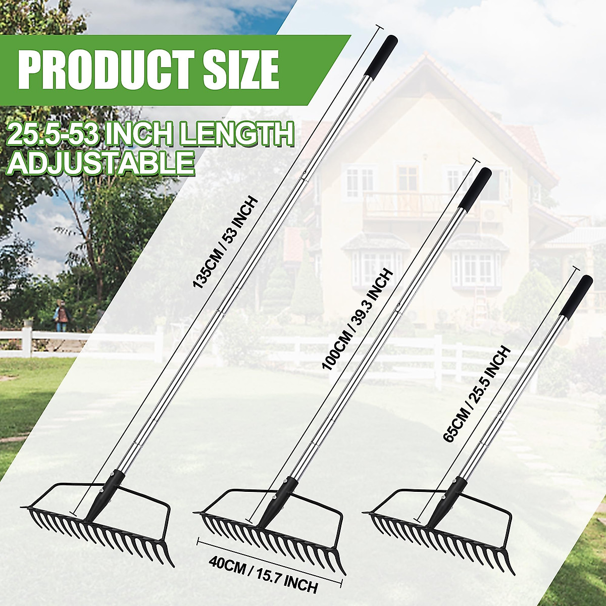 YEELOR Garden Rake, Carbon Steel Sturdy and Heavy Duty Carbon Rake, Bow Rake with Adjustable Stainless Steel Handle, Long Hand Rake for Loosening Soil Leveling Mulch Gathering Leaf