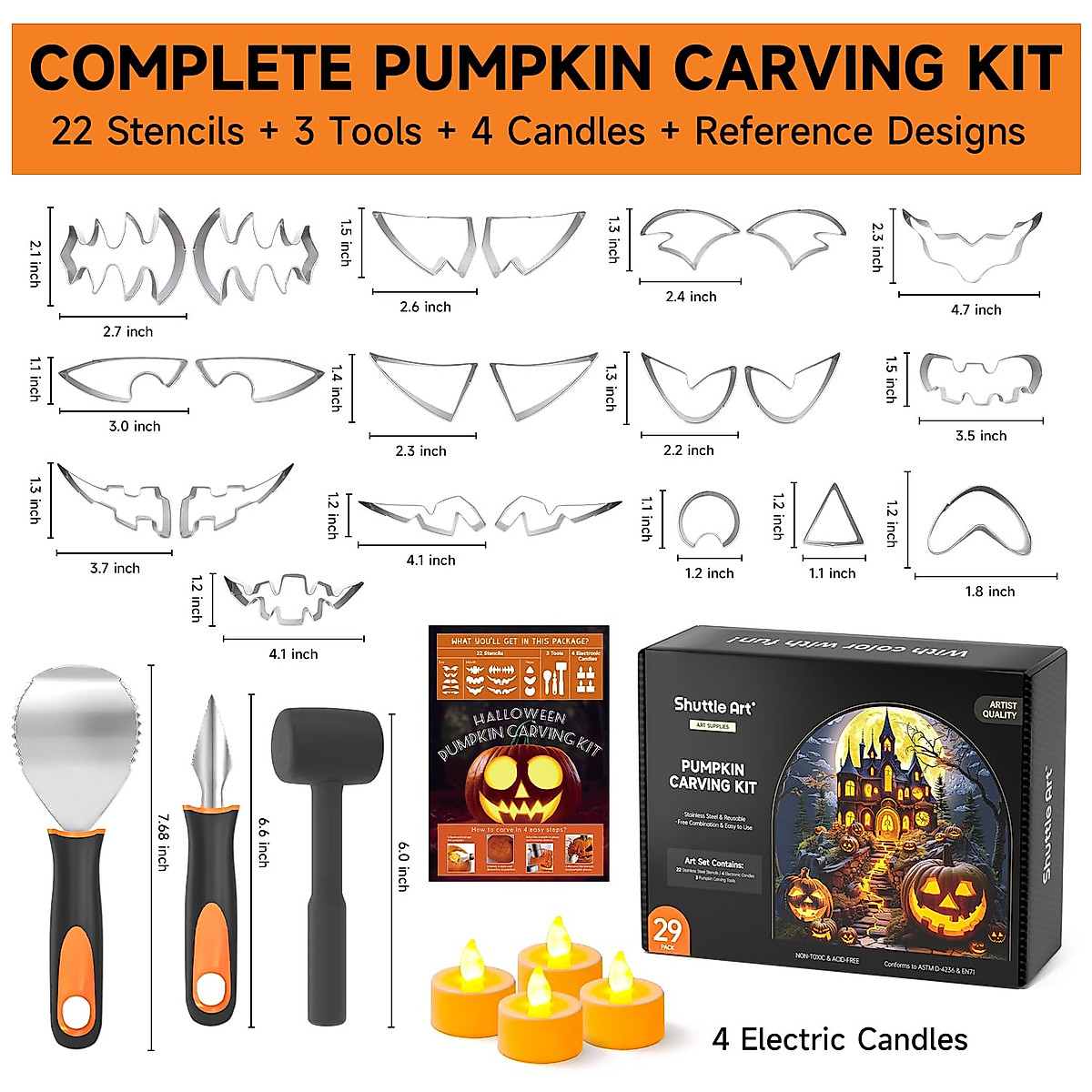 Shuttle Art 29PCS Halloween Pumpkin Carving Kit, 22 PCS Stainless Steel Pumpkin Carving Stencils with 4 Electronic Candles & 3 Carving Tools, Easy Safe Fun and Durable for Kids Adults Pumpkin Carving