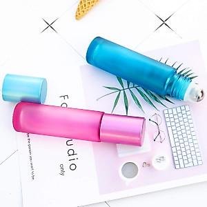 8Pcs 10ml(1/3oz) High-grade Colorful Frosted Roll on Bottles Thick Glass Massage Roller Bottles Tube Vials Containers for Essential Oils, Aromatherapy, Perfumes and Lip Balms+ 1pc 3ml Dropper