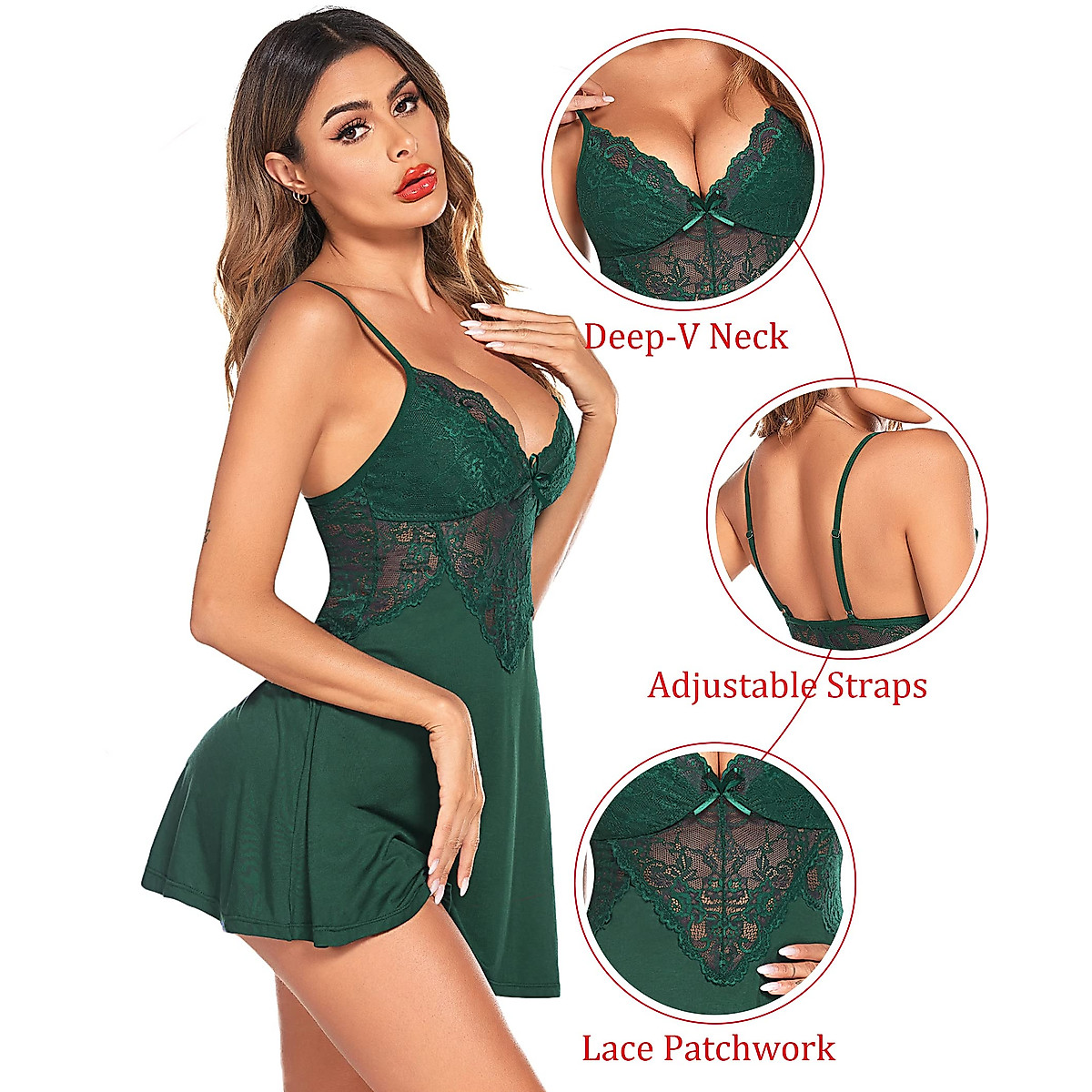 Avildlove Chemise Nightgowns for Women Sexy Sleepwear Modal Chemise Lace Lingerie Gown (Dark Green,L)