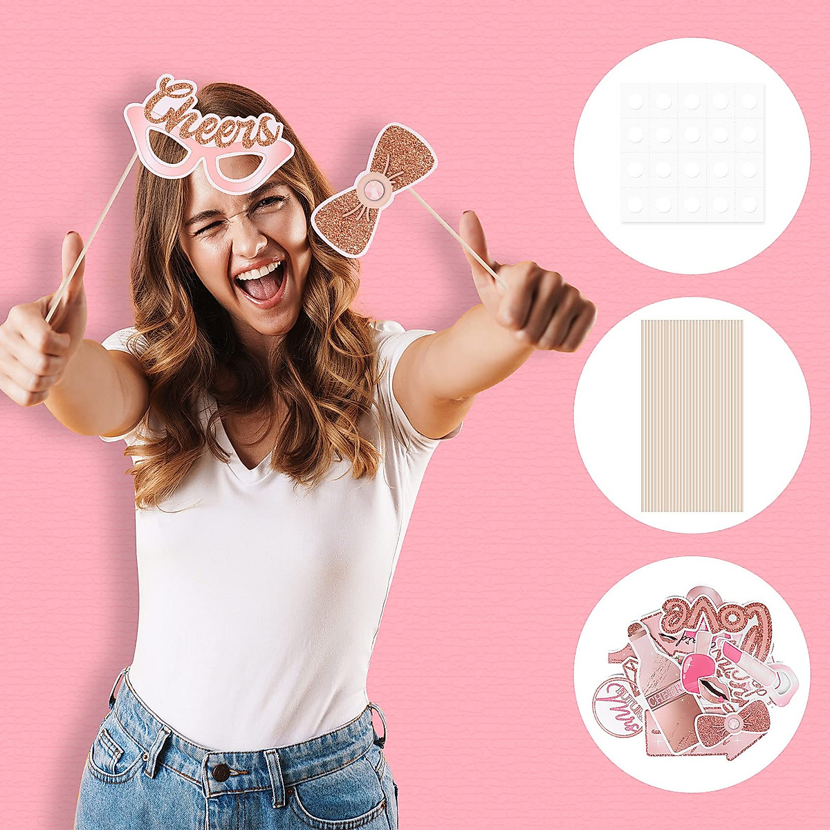 SUSSURRO 21 Count Bridal Shower Photo Booth Props Kit Engagement Photo Booth Accessories Rose Gold Wedding Party Funny Selfie Props with Sticks& Stickers for Party Favour Supplies