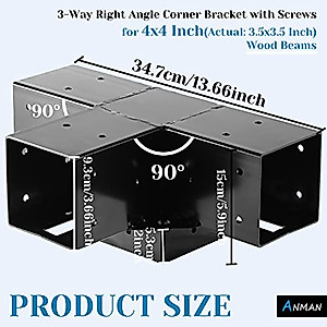 Anman 4-Way 90° Corner Wood Brackets with Screws for 4x4 (Actual: 3.5x3.5 Inch), Alloy Steel Beams/Pergola/Gazebo Kit (4-Way Corne Brackets (2 PCS))