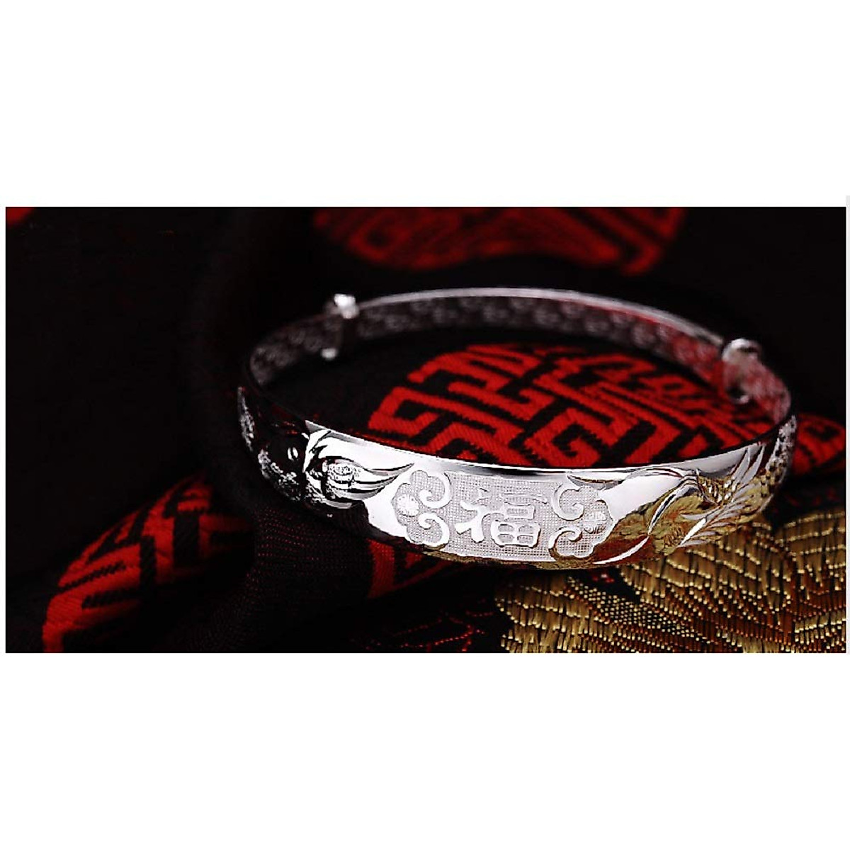 ABIRTE Women's 999 Solid Sterling Silver Chinese Dragon Phoenix Carved Adjustable Bangle Bracelet 15g Weight for Women,Ladies and Elder.