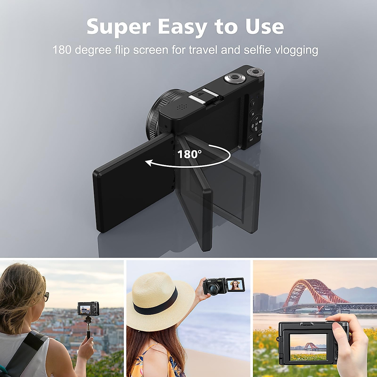 4K Digital Camera with Flash, 48MP Camera for Photography Teens Adults Autofocus Vlogging and YouTube Cameras with Flip Screen, Anti-Shake, 16X Digital Zoom, 32GB Card, Two Batteries, Lanyard