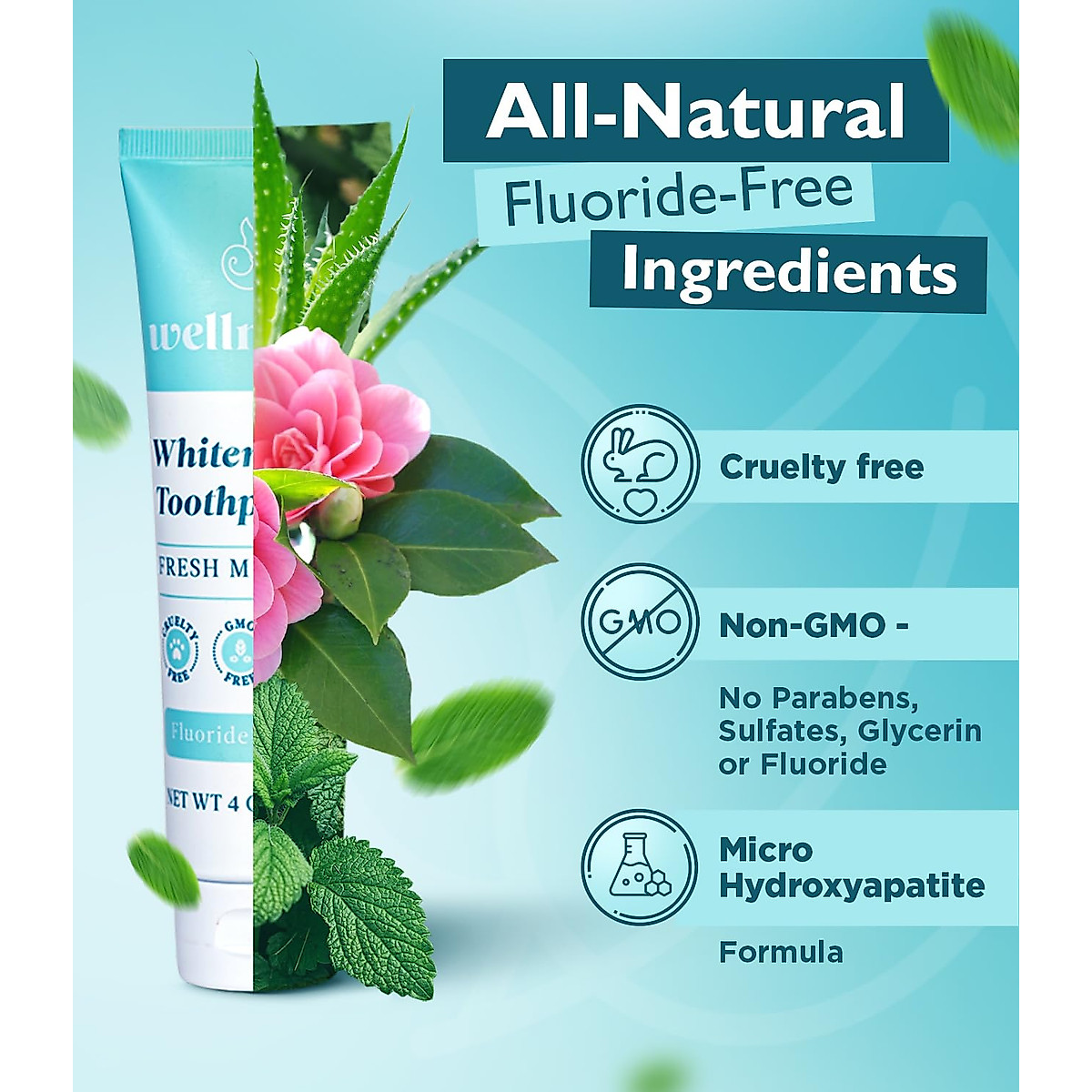 Wellnesse Whitening Hydroxyapatite Toothpaste with Xylitol - Remineralizing and Sensitivity Relief - Fluoride Free Toothpaste with Natural Ingredients - Remineralization Natural Toothpaste