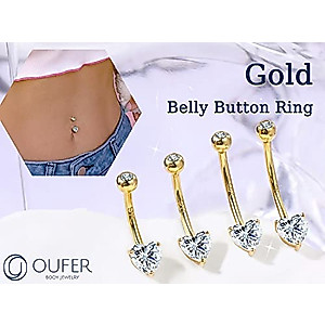 OUFER 14G Belly Rings, 9K Solid Gold Belly Button Rings, Heart Navel Rings, Internally Threaded Long Belly Piercing Jewelry for Women and Men-12MM