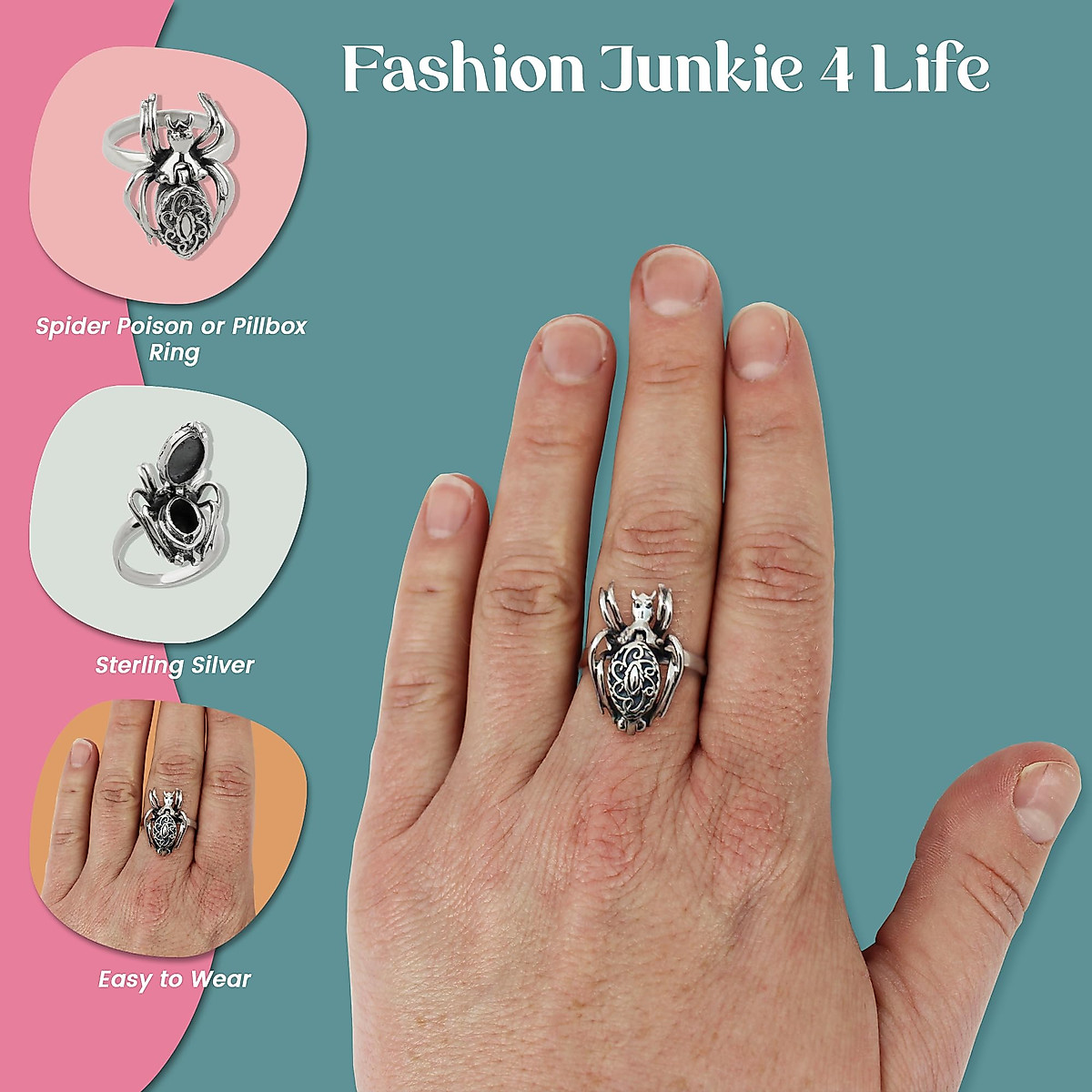 FashionJunkie4Life Spider Poison Ring - 925 Sterling Silver, Sizes 5-10, Pillbox Ring (8)