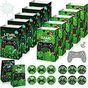 Geosar 30 Pcs Video Game Party Paper Bags Gaming Party Favors Gift Bags Gamer Theme Party Goodie Bags Boys Birthday Party Decorations Treat Candy Bags with 30 Stickers(Green)