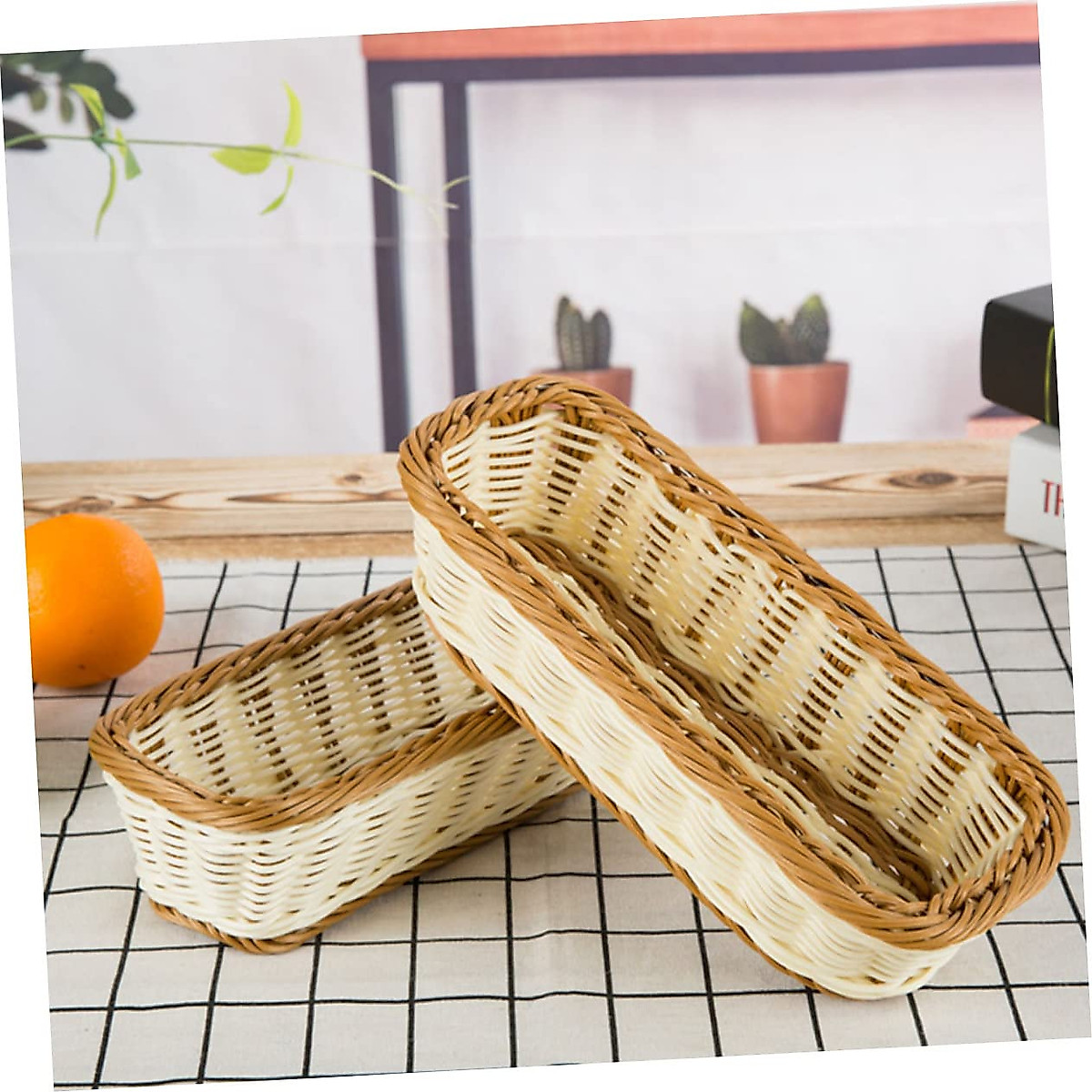 3 Pcs Woven Plate Basket Imitation Rattan Basket Imitation Rattan Plate Basket Rectangle Storage Basket White Wooden