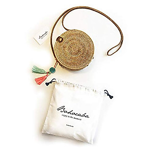 Handwoven Round Rattan Bag, Leather Shoulder Strap, Two Pocket Boho Bali Wicker Crossbody Handbag