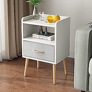 LUCKNOCK NightStand with Fabric Drawer, Bedside Table with Solid Wood Legs, Minimalist and Practical End Side Table with Open Storage Shelf for Bedroom, White.