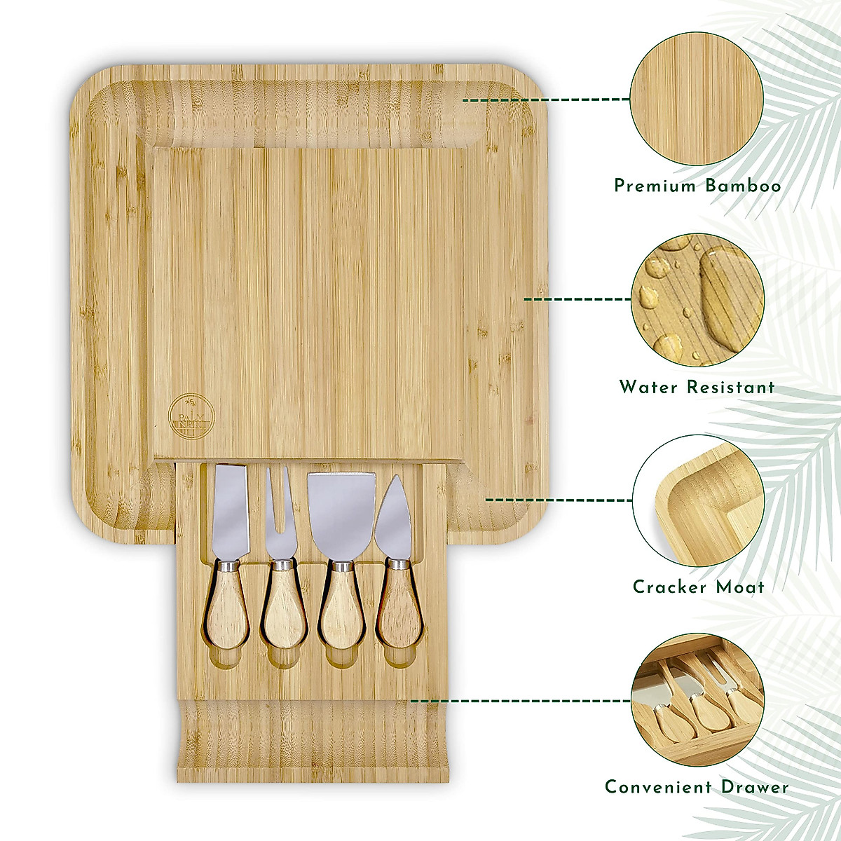 Bamboo Cheese Board and 4 Knives Set - Charcuterie Board with Knives, 13” Large Charcuterie Platter and Serving Tray, Housewarming Gift, and Wedding Gift