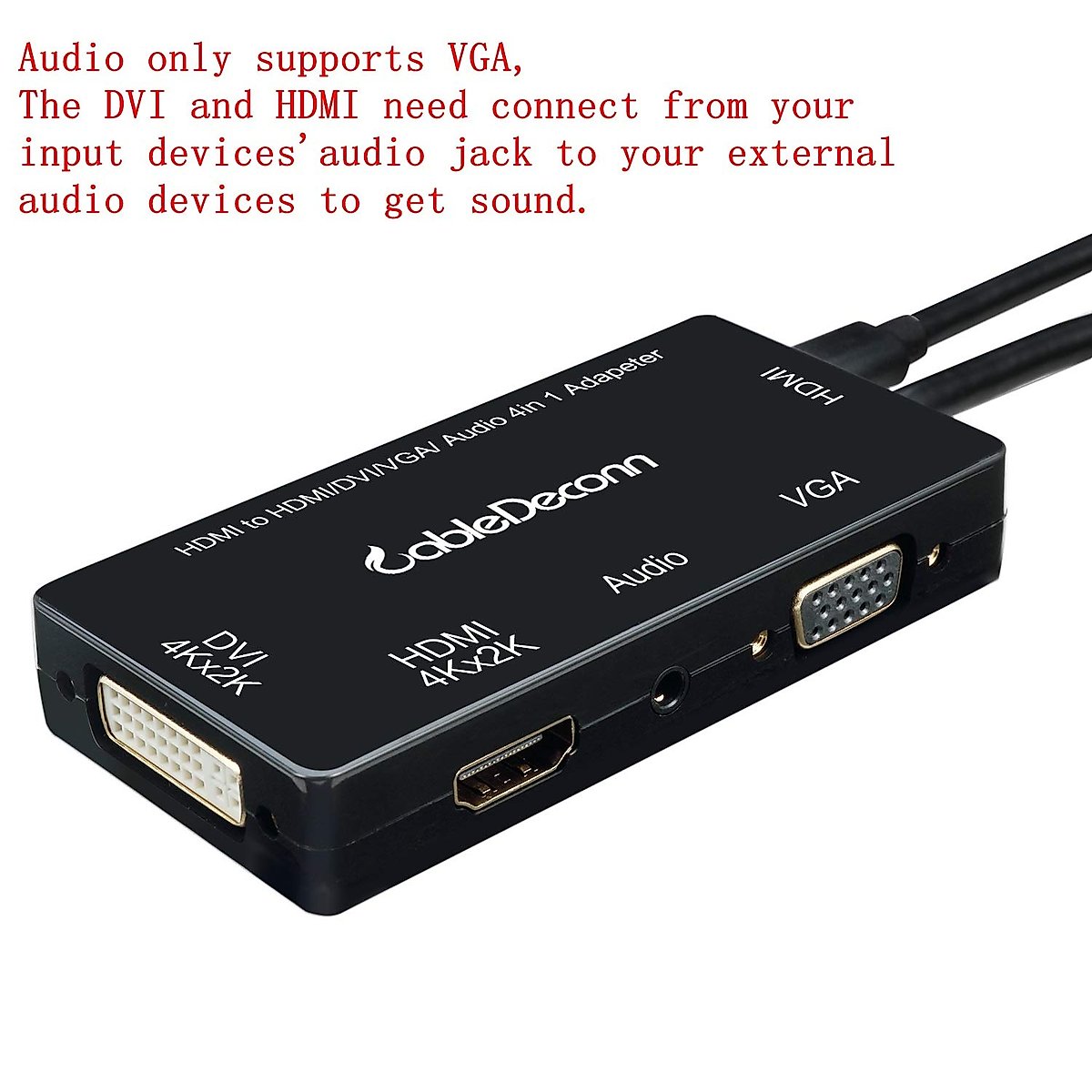 CableDeconn Multiport 4-in-1 HDMI to HDMI DVI 4K VGA Adapter Cable with Audio Output Adapter Converter (Black)