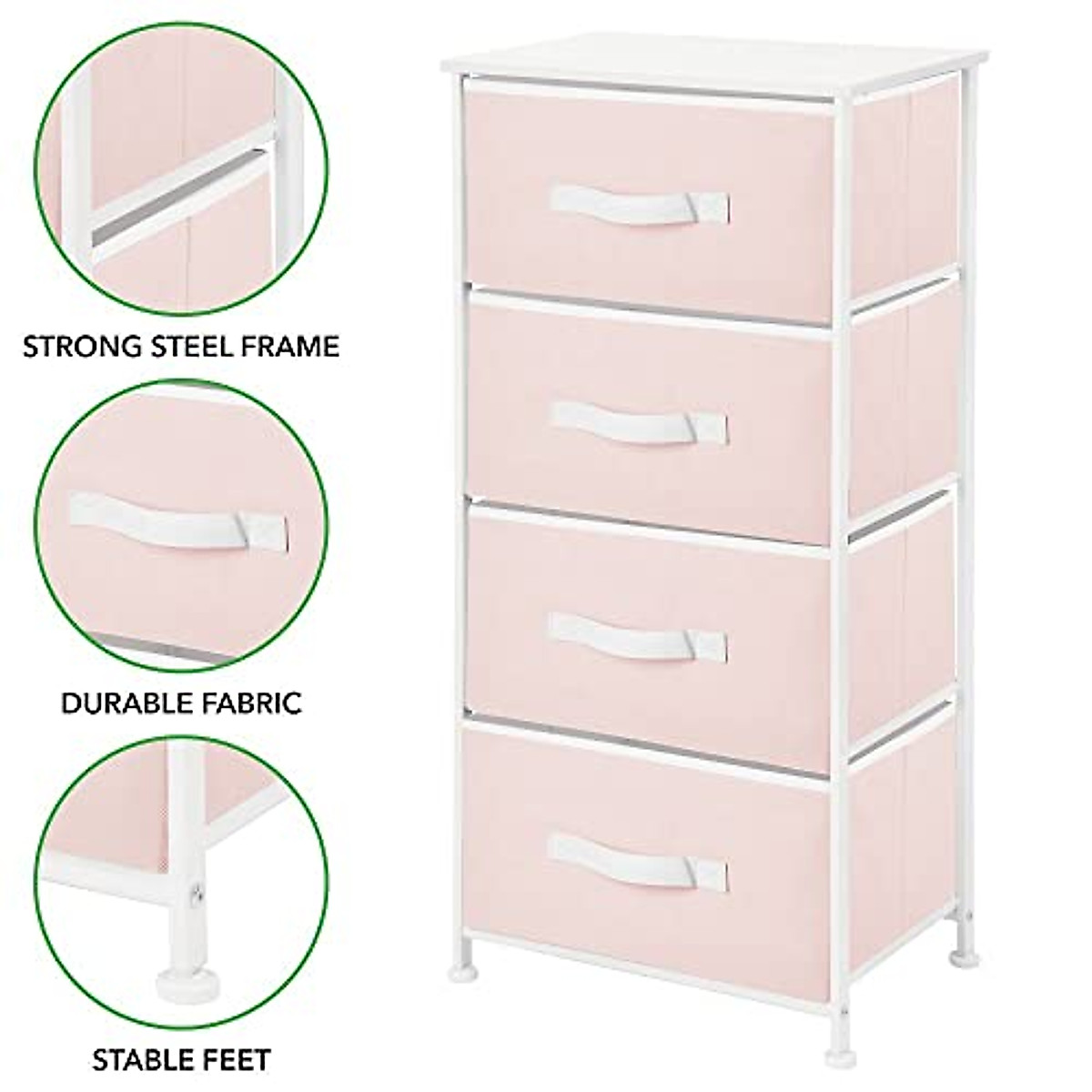 mDesign Tall Dresser Storage Tower Stand with 4 Removable Fabric Drawers - Steel Frame, Wood Top Organizer for Baby, Kid, and Teen Bedroom, Nursery, Playroom, or Dorm - Jane Collection - Pink/White