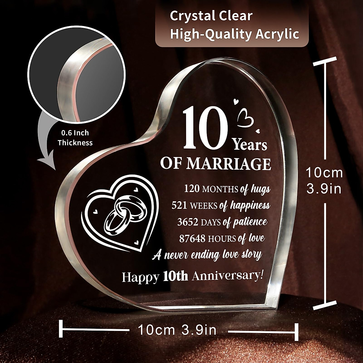 Milcier 10 Year Anniversary Present, Romantic 10th Anniversary Keepsake 3.9x3.9 Inch, Ten Years Anniversary Wedding Gifts for Husband Wife Her Him, 10th Anniversary Marriage Gifts for Men Women