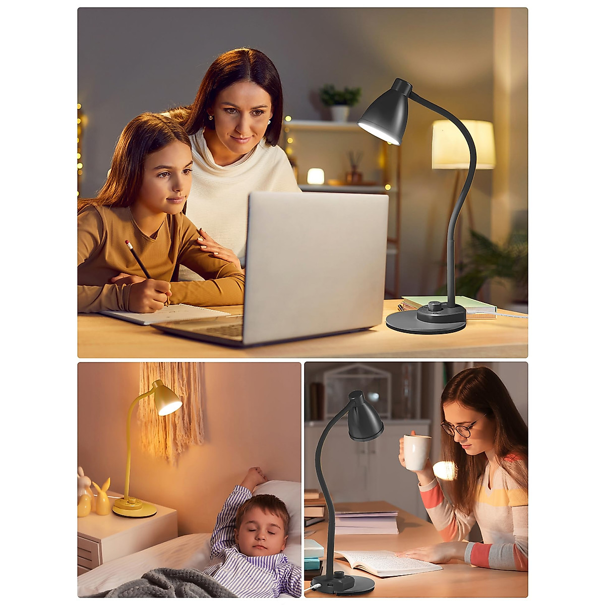 BOHON LED Desk Lamp with USB Charging Port 3 Color Modes Dimmable Reading Light Intelligent Induction Auto Dimming Task Lamp Flexible Gooseneck Table Lamp for Bedside Office, AC Adapter Include