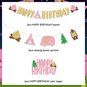 Camping Birthday Party Decorations Girl - Glitter Pink Happy Birthday Banner, Camping Theme Banner Garland, Pink Glitter Happy Birthday Cake Topper for Girl Camping Party Decorations