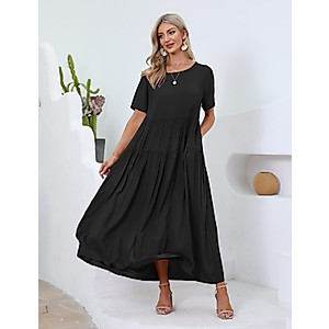 YESNO Women Casual Loose Bohemian Floral Dress with Pockets Short Sleeve Long Maxi Summer Beach Swing Dress XL EJF Black