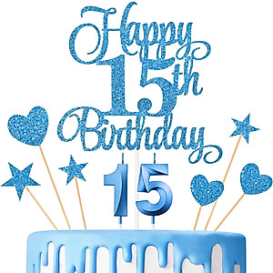 Lecferrarc 15th Birthday Cake Decorations, 15th Birthday Candles Cake Numeral Candles and Glitter Happy 15th Birthday Cake Toppers Set for Birthday Party Supplies (Blue)