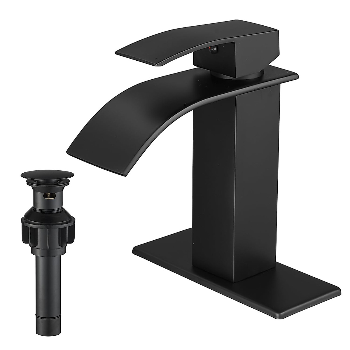 VOTON Black Bathroom Faucets Modern Waterfall Bathroom Sink Faucet Matte Black Single Handle Bathroom Faucet for 1 or 3 Holes with Deck Plate and Pop-Up Drain, Rv Sink Camper Farmhouse Bathroom Faucet