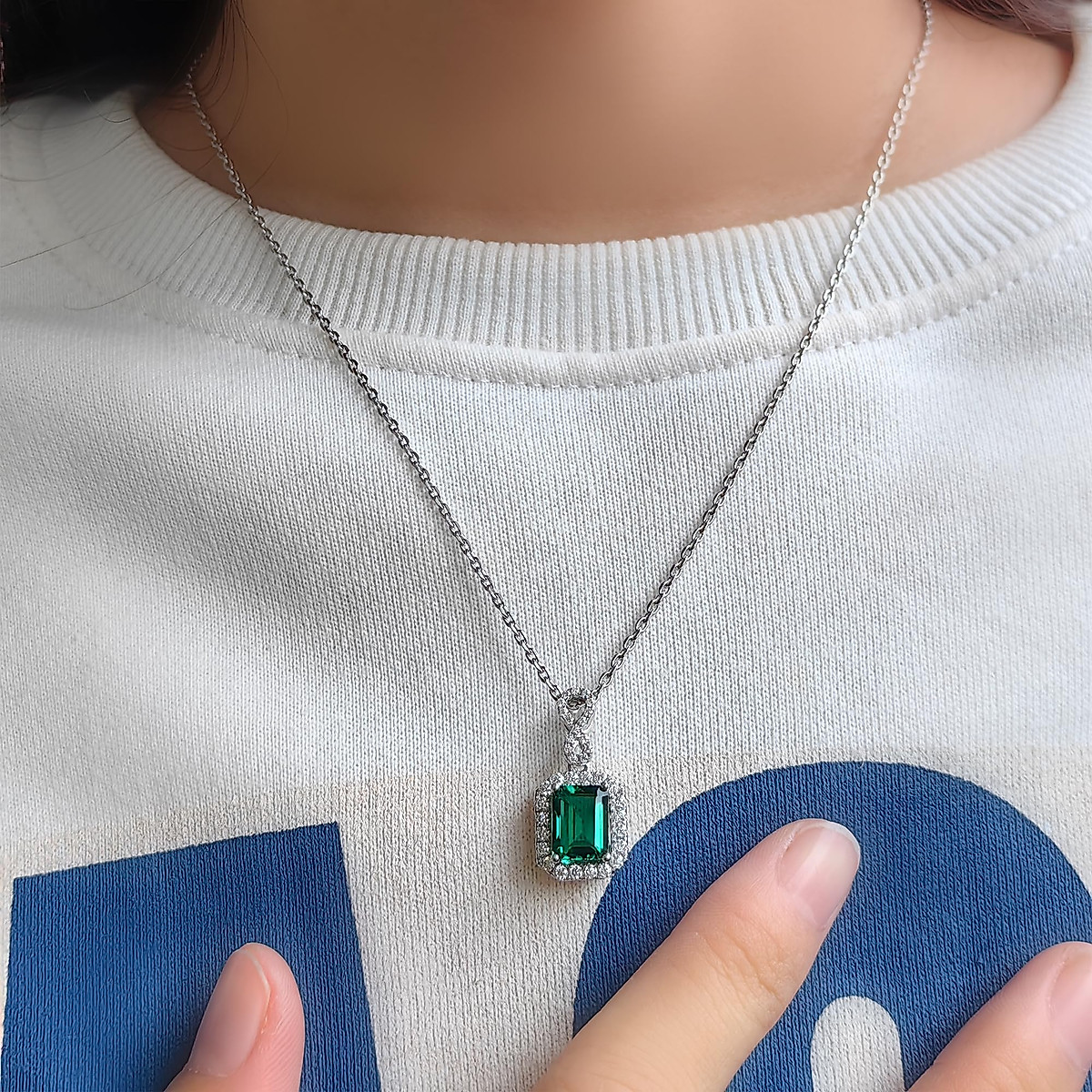 DovEggs Elongated Emerald Cut Moissanite Pendant for Women Center 3ct 7x9mm Zambia Emerald Halo Infinity Pendant Necklace with Moissanite Accents 14K Gold QUALITY Sterling Silver