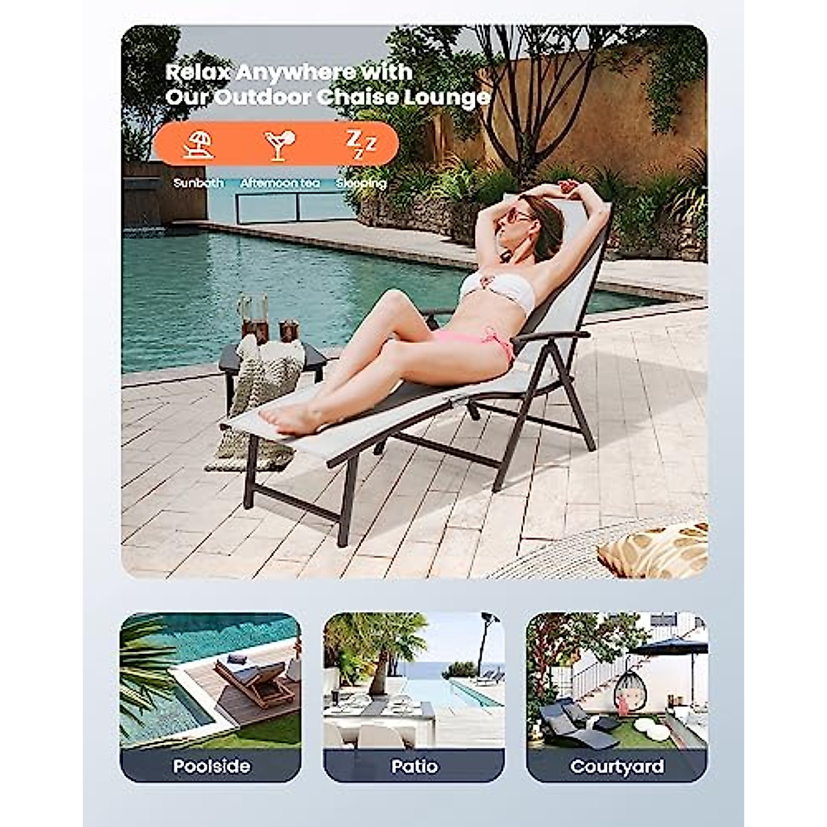 Pellebant Aluminum Patio Chaise Lounge Chair, Adjustable Chair for Outside with 8 Backrest Positions, Brown Frame, Folding Outdoor Recliners All Weather for Beach, Pool and Yard, Light Grey