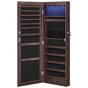 SONGMICS Hanging Jewelry Cabinet, Wall-Mounted Cabinet with LED Interior Lights, Door-Mounted Jewelry Organizer, Full-Length Mirror, Gift Idea, Brown UJJC99BR
