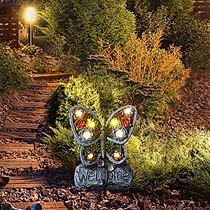 KULEDM Solar Garden Sculptures & Statues -Succulent Butterfly Resin Craft Garden Statue Outdoor Decor with Solar Powered 8 LED Lights for Garden, Patio, Lawn, Yard, Balcony, Porch’