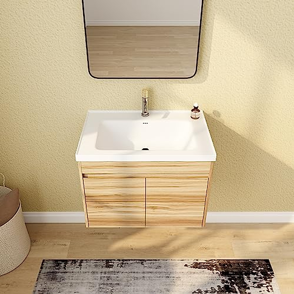 Sybrioka Floating Bathroom Vanity with Ceramic Sink, 28 Inch Modern Vanity Cabinet Wall Mounted, Bath Storage Cabinet Vanity Set with Wood Door