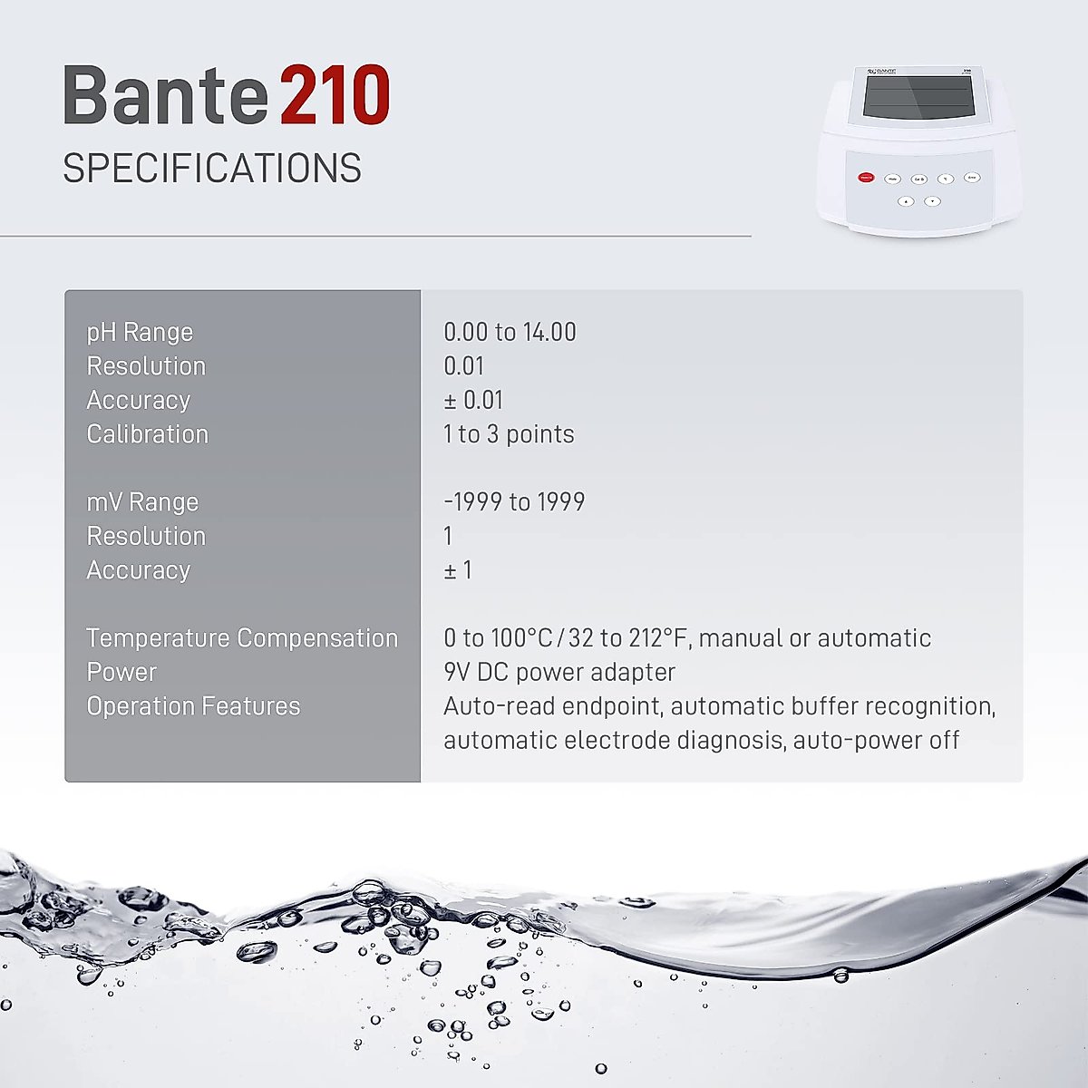 Bante 210 Benchtop pH Meter | Lab pH Meter for Routine Measurements, ±0.01 pH Accuracy, 3 Points Calibration, Equipped with pH Electrode, Temperature Probe and Buffers