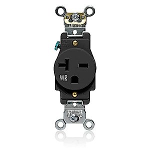 Leviton W5461-E Single Receptacle Outlet, Weather-Resistant, 20 Amp, 250 Volt, Heavy-Duty Industrial Specification Grade, Back or Side Wire, Self-Grounding, Black