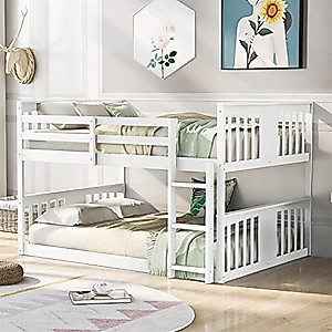 CITYLIGHT Floor Full Over Full Bunk Beds, Wooden Low Full Over Full Bunk Bed for Kids, Toddler Full Bunk Bed for Girls Boys Teens’ Bedroom or Dorm （Full,White）