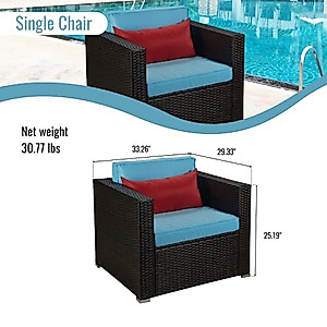 HomSof 6-Piece PE Rattan Wicker Sectional Cushioned Sofa Sets with 1 Red Pillow, Blue + Brown