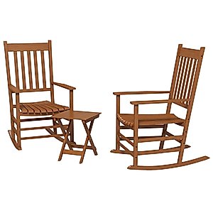 Outsunny Wooden Rocking Chair Set w/Foldable Side Table, Outdoor Rocker Chairs with Curved Armrests, High Back & Slatted Seat for Garden, Balcony, Porch, Supports Up to 352 lbs., Teak