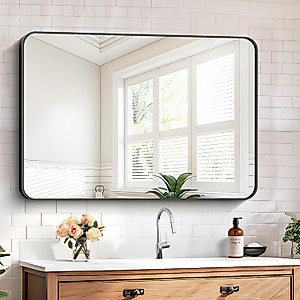 FORBATH Bathroom Mirror 24 x 36 Inches，Black Wall Mirror Aluminum Frame Wall Mounted Rounded Corner Morndern Mirror for Bathroom Bedroom Entryway Living Room