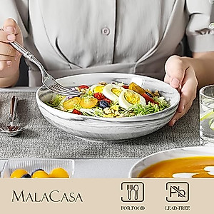 MALACASA Pasta Bowls, 40 OZ Large Salad Serving Bowls Set of 4, Porcelain Pasta Bowls Salad Bowls for Kitchen, Marble Grey Soup Plates Shallow Bowls Set, Microwave & Dishwasher Safe, Series REGULAR