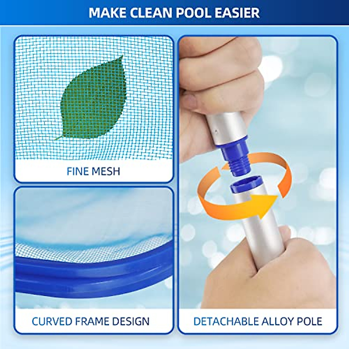 Pool Skimmer Net Pool Leaf Rake with Durable Deep Bag, Detachable Aluminum Frame, Pond Cleaning Scoop for Inground and Above Ground Swimming Pools Hot Tubs Spa (Large, Blue (with Pole))