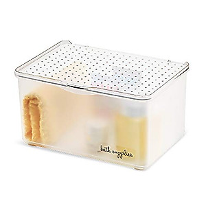 madesmart Medium Stacking Lid Storage Bin for Bathroom Organization, Plastic Bathroom Storage Bin with Dry-Erase Space, Frost