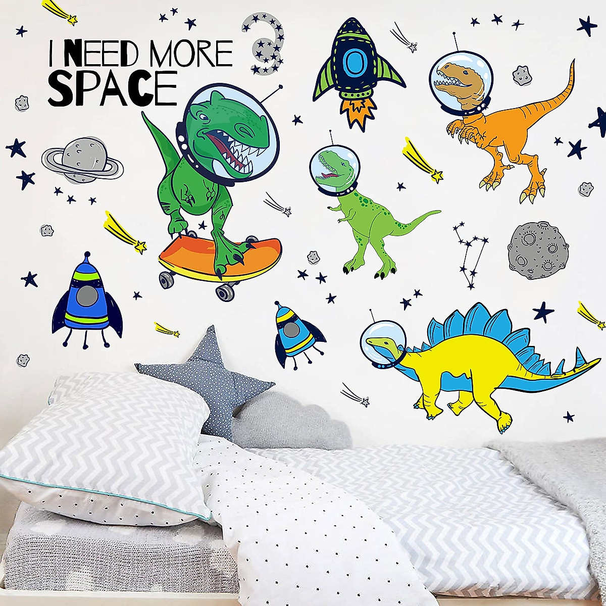 Yovkky Boys Space Dinosaurs Astronauts Wall Decal, Peel Stick Funny Dino Animal Planet Sticker Nursery Rocket Spaceship Decor, Home Baby Room Decorations Kids Bedroom Playroom Art Party Supply Gifts