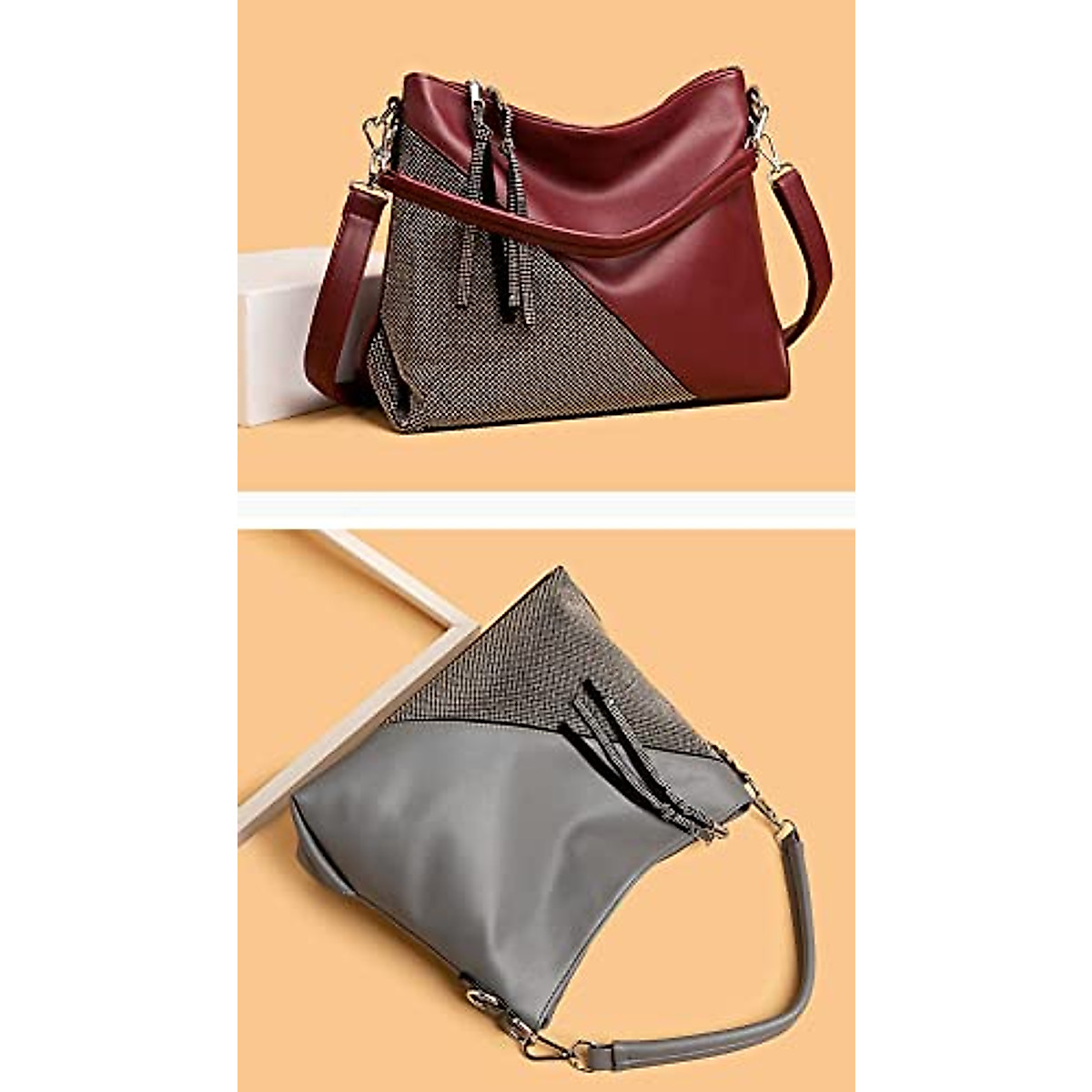 Women Shiny Rhinestone PU Leather Totes Hobo Bag Vintage Fashion Large Shoulder Bags Satchel Crossbody Bag