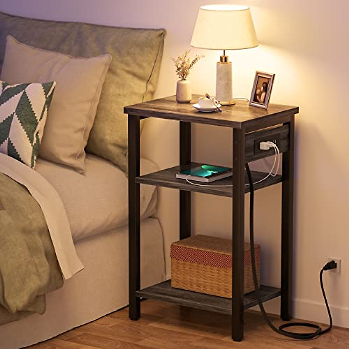 Cyclysio End Table Set of 2 with Charging Station, 3 Tier Small Nightstand with Storage Shelf, Slim Side Table with USB Ports & Outlets, Modern Sofa Bedside Table for Bedroom, Living Room, Gray Oak