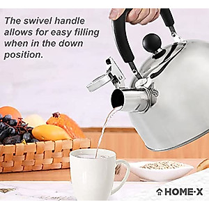 HOME-X Shiny Whistling Kettle, Stainless-Steel Stovetop Tea Kettle, Whistling Water Boiler, Large 2 Liter Capacity,8 ¾” L x 7" W x 8 ¼”, Polished Stainless-Steel